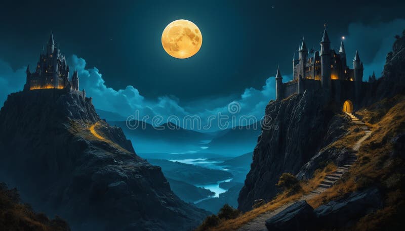 Castle Under Full Moon in Mystical Landscape Stock Photo - Image of ...
