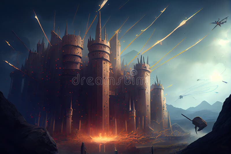 Castle Under Siege, with Barrage of Arrows and Other Projectiles ...