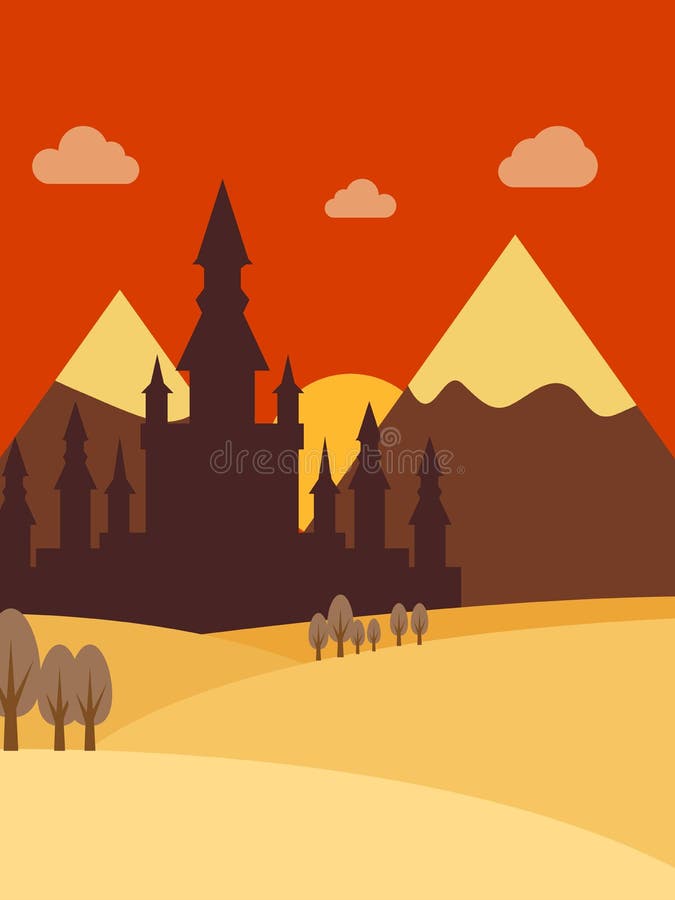 The Castle Under Sunset, Flat Design Illustration Stock Vector ...