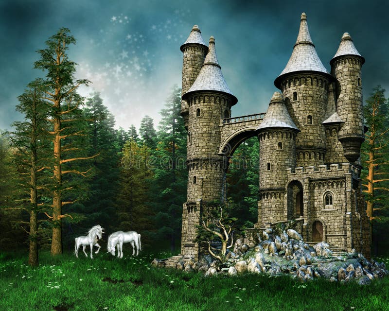 Castle and Unicorns on a Meadow Stock Illustration - Illustration of ...