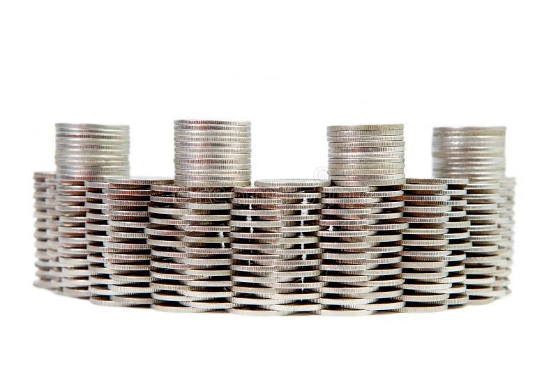 Castle Wall of Coins Stack on White Background Stock Photo - Image of ...