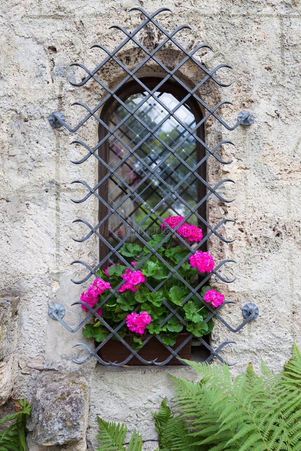 Castle Window and Vivid Pink Flowers Stock Image - Image of germany ...