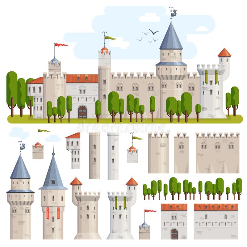 Castles Constructor Vector Illustration Game Set with Elements of Old Medieval Towers and ...