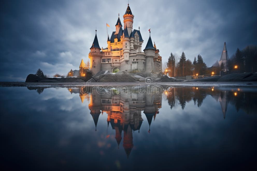 Castles Reflection on a Still Lake Beneath a Cloudy Night Sky Stock ...