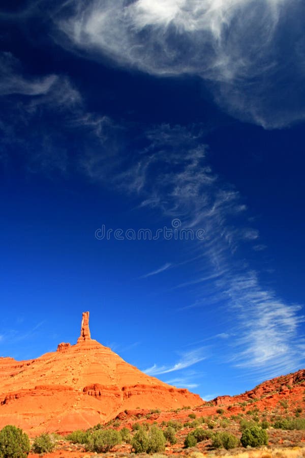 Castleton Tower with Wispy Clouds Stock Image - Image of sand, quiet ...