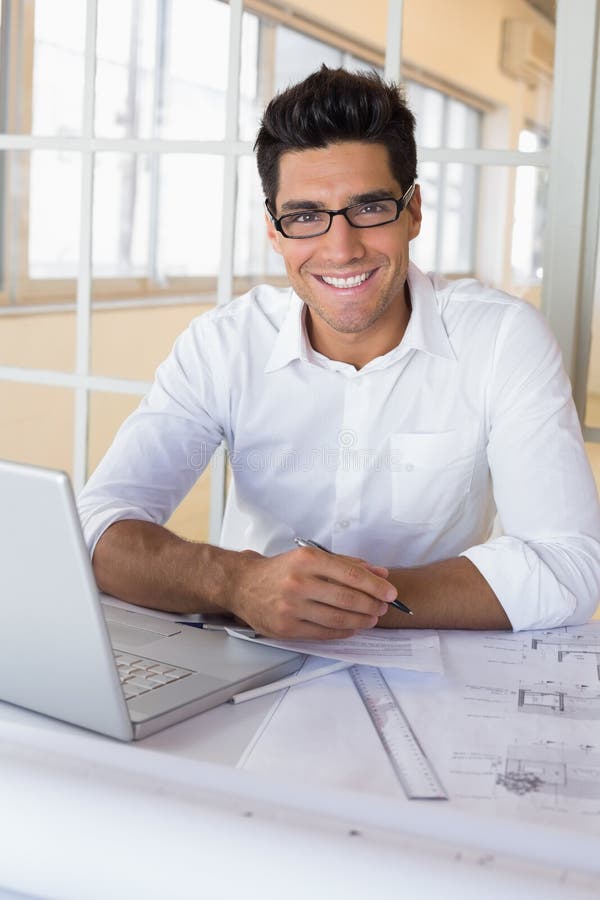 Casual Architect Working with Laptop at Desk Stock Photo - Image of ...