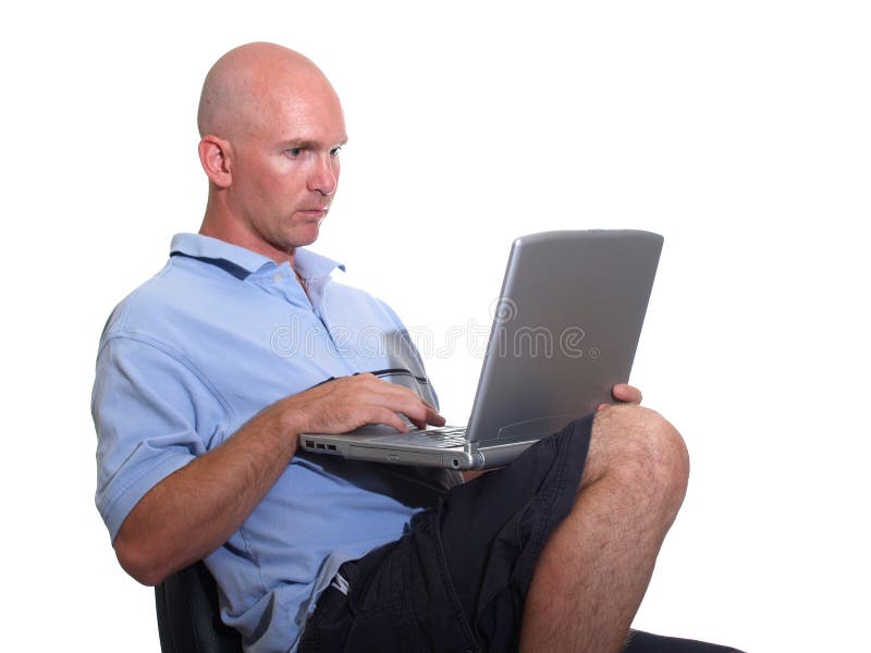 Casual Bald Man Using Computer Stock Image - Image of shorts, male: 1006647