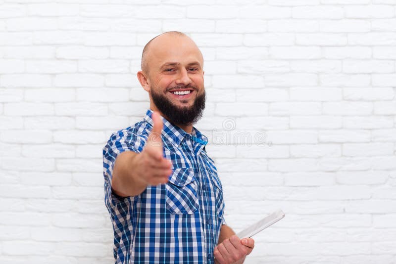 Casual Bearded Man Hold Hand Shake Greeting Holding Tablet Computer ...