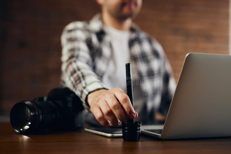 Casual Business Man with Stylus Pen Writing on Digital Notepad ...