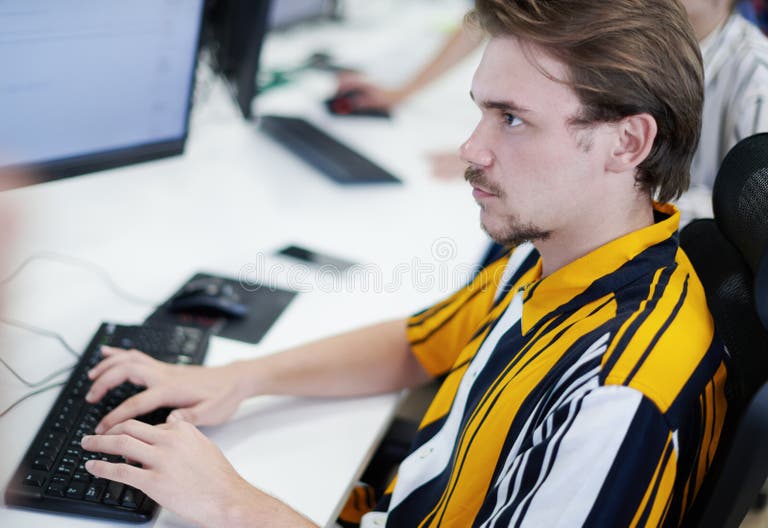 Casual Business Man Working on Desktop Computer Stock Image - Image of ...