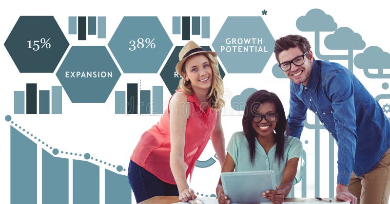 Casual Business People with Tablet PC Against Data Stock Illustration ...