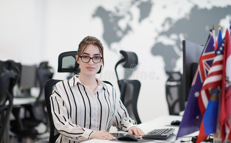 Casual Business Woman Working on Desktop Computer Stock Photo - Image ...