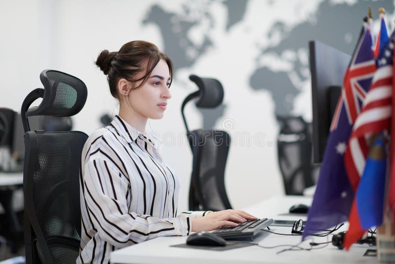 Casual Business Woman Working on Desktop Computer Stock Photo - Image ...