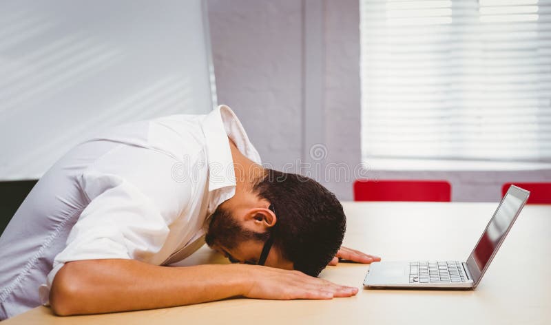 Casual Businessman Feeling Exhausted at His Desk Stock Image - Image of ...
