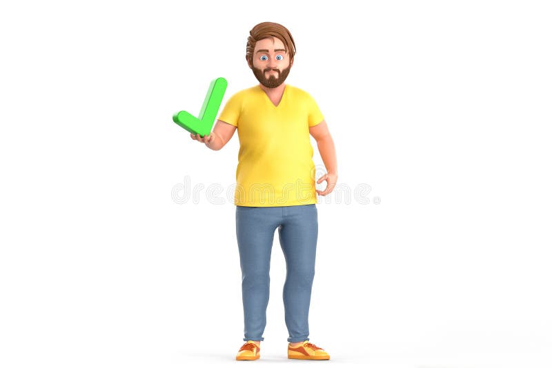 Casual Dressed Man Holding Green Check Mark. Isolated on White ...