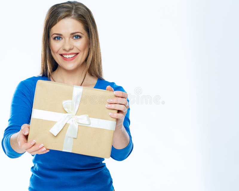 Casual Dressed Smiling Woman Holding Gift Box. Stock Image - Image of ... Casual Dressed Smiling Woman Holding Gift Box. Stock Image - Image of ...