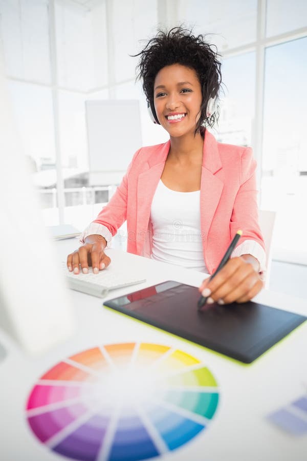 Casual Female Photo Editor Using Graphics Tablet Stock Image - Image of ...