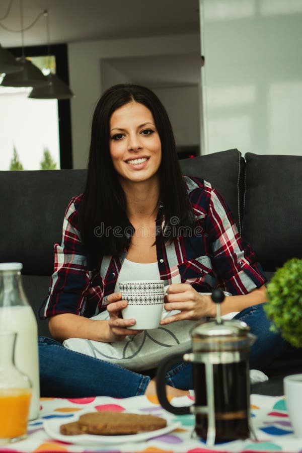Casual Girl at Home Take the Breakfast Stock Image - Image of kitchen ...