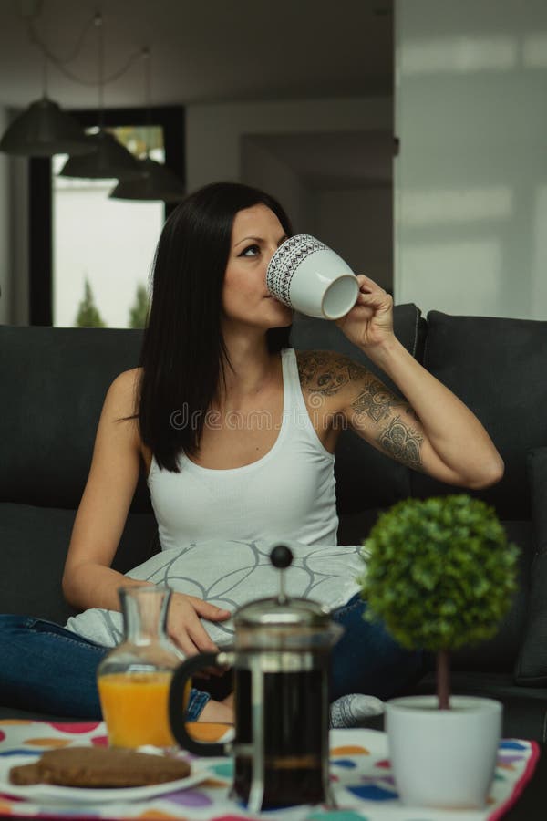Casual Girl at Home Take the Breakfast Stock Image - Image of caucasian ...