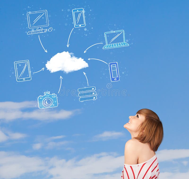 Casual Girl Looking at Cloud Computing Concept on Blue Sky Stock Photo ...