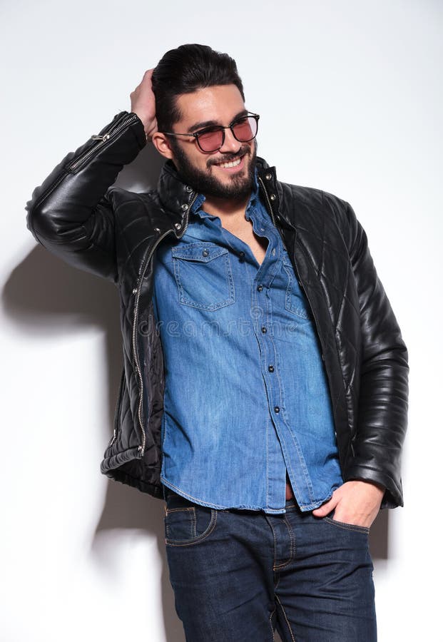 Casual Happy Man with Hand on Head Stock Image - Image of blue ...