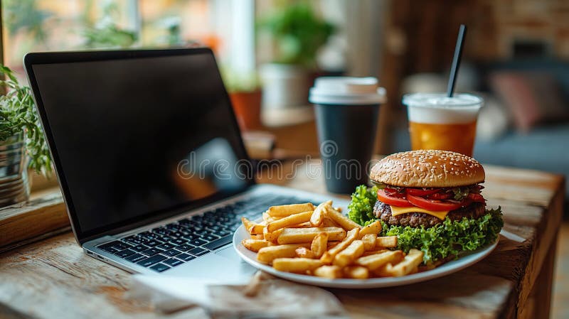 Casual Lunch Break with Laptop and Burger Stock Illustration ...