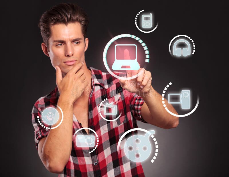 Casual Man Choosing from Different Media Types Stock Photo - Image of ...