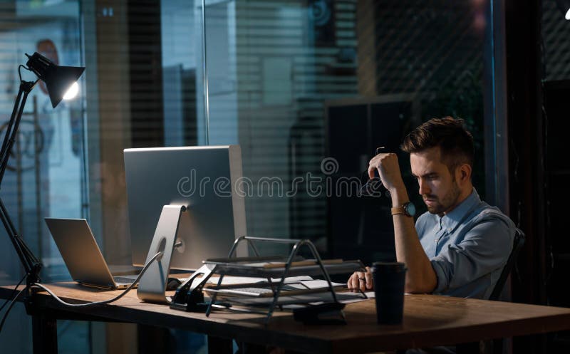 Hardworking Man Alone in Evening Office Stock Image - Image of overtime ...