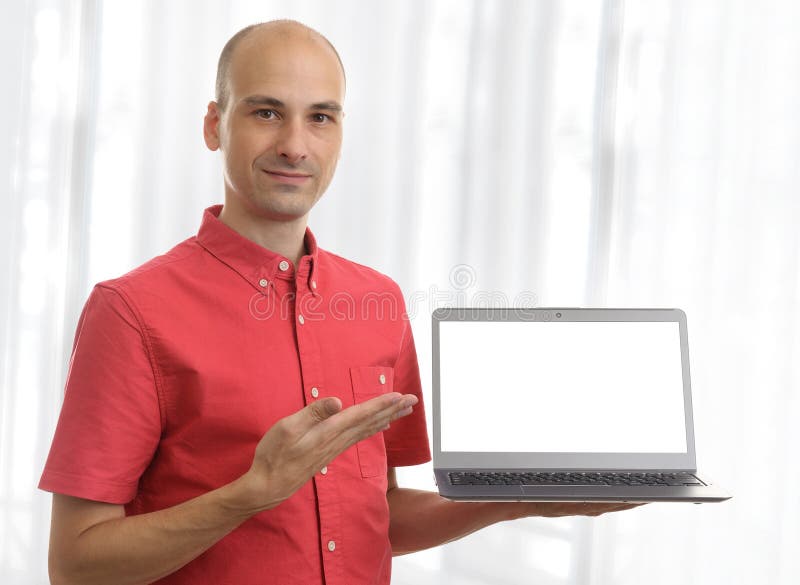 Casual Man Holding Laptop Computer Stock Image - Image of copy, people ...