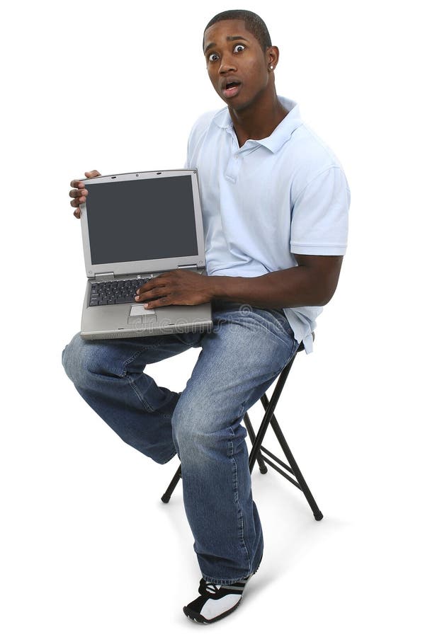 Casual Man with Laptop Computer and Shocked Expression on Face Stock ...