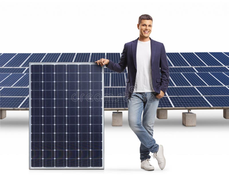 Casual Guy Leaning on a Solar Panel in Front of Workers Stock Photo ...