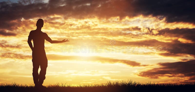 Man Standing on Sunset Sky Pointing Right Stock Illustration ...