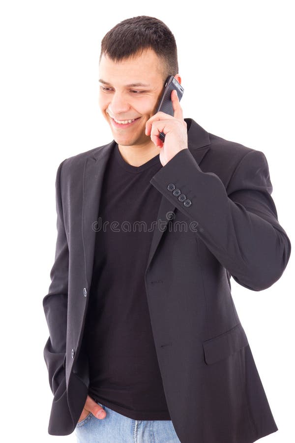 Casual Man in a Suit Talking Over Mobile and Smiling Stock Image ...
