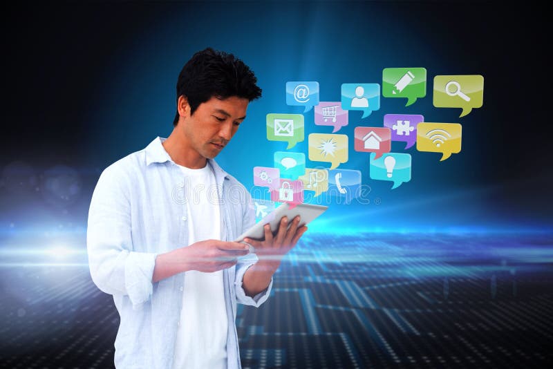 Casual Man Using Tablet with App Icons Stock Photo - Image of person ...