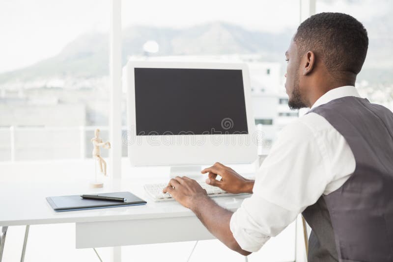 Casual Man Working at Desk with Computer and Digitizer Stock Photo ...