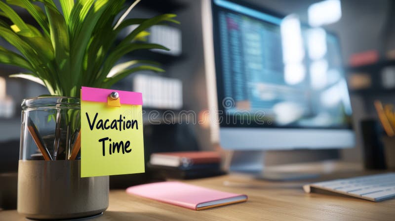 Casual Office Desk Setup with a Colorful Sticky Note Reading Vacation ...