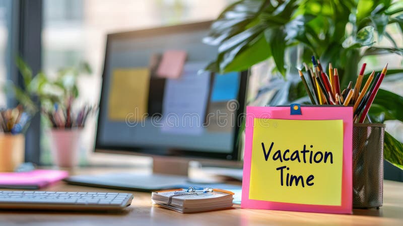 Casual Office Desk Setup Colorful Sticky Note Reading Vacation Time ...