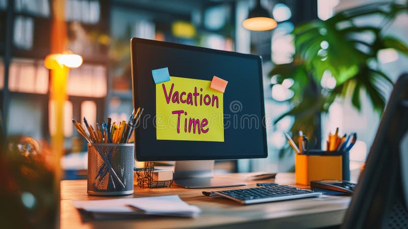 Casual Office Desk Setup with a Colorful Sticky Note Reading Vacation ...