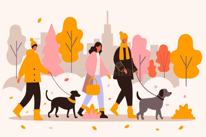 Casual Stroll with Pets among Fall Foliage Stock Vector - Illustration ...