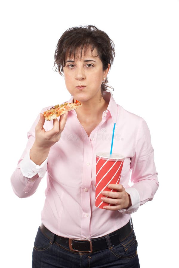 Casual woman eating pizza stock image. Image of carbonated - 5021189