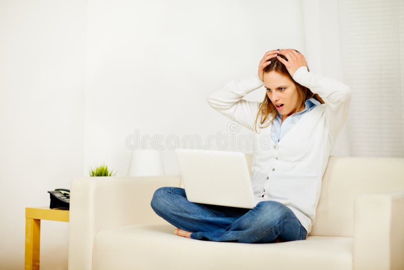 Casual Woman Working on Sofa with a Laptop Stock Image - Image of ...