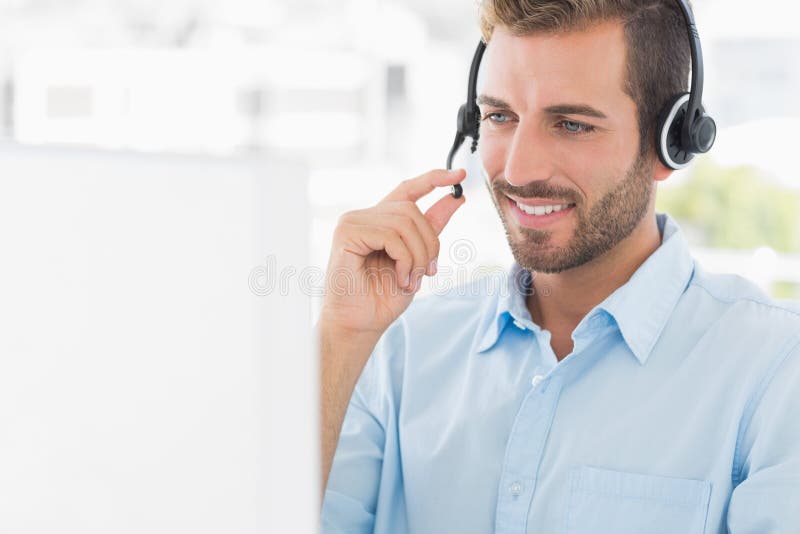 Casual Young Man with Headset Using Computer Stock Image - Image of ...