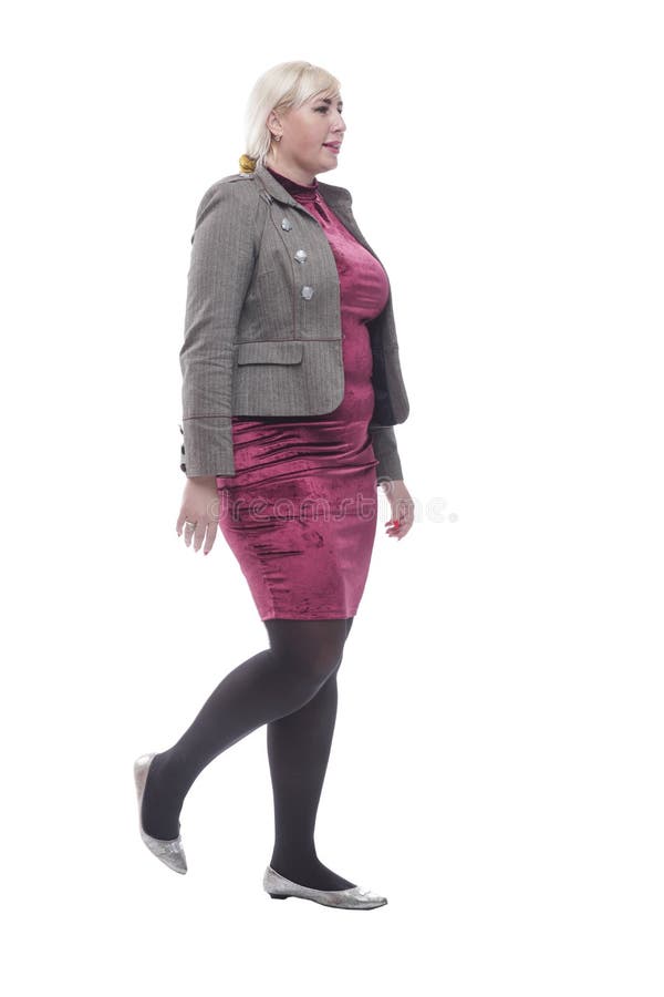 Casual Young Woman Stepping Forward . Isolated on a White Stock Photo ...