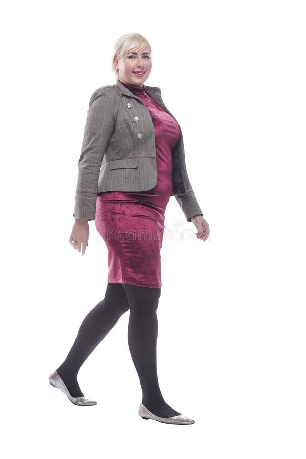 Casual Young Woman Stepping Forward . Isolated on a White Stock Image ...