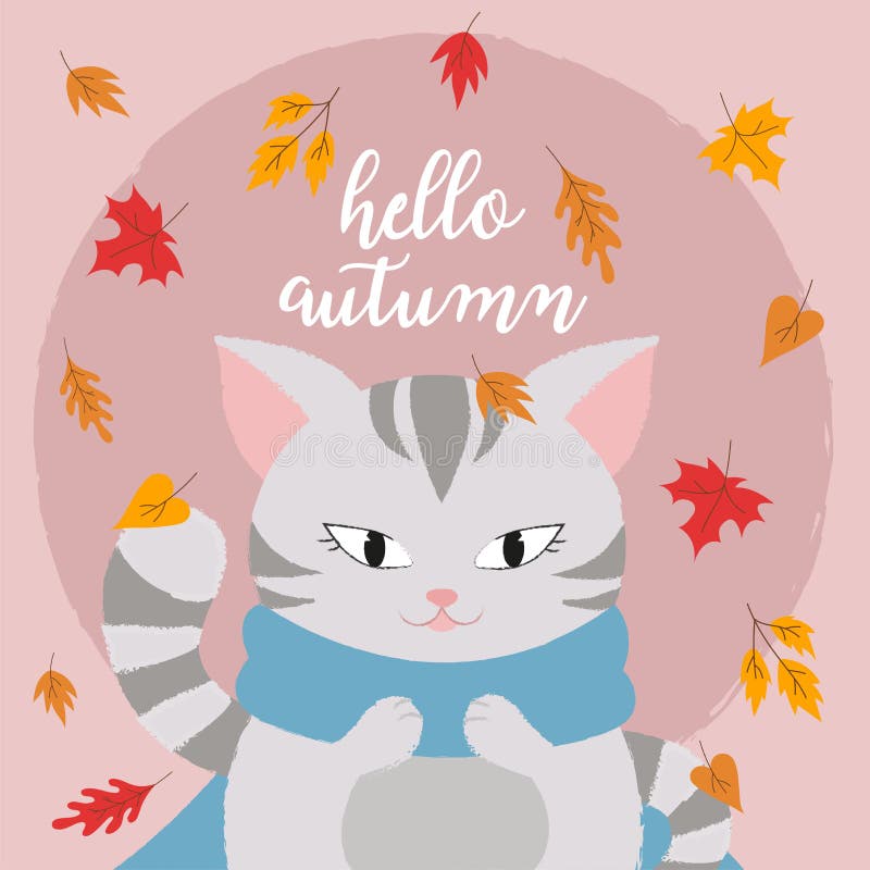 Lettering Hello Autumn. Postcard with a Cute Cat Stock Vector ...