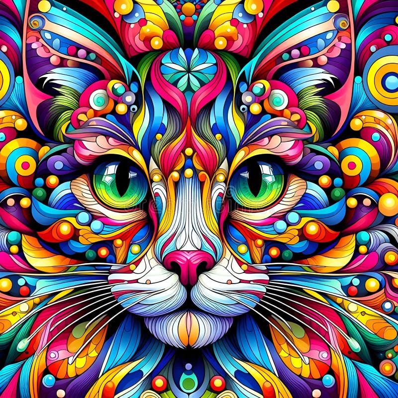 A Cat in an Abstract Form, Using Vivid Hues and Layered Patterns To ...