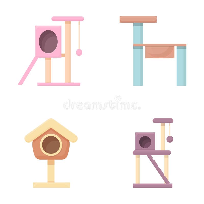 Cat Accessory Icons Set Cartoon Vector. Scratching Post and Cat House ...