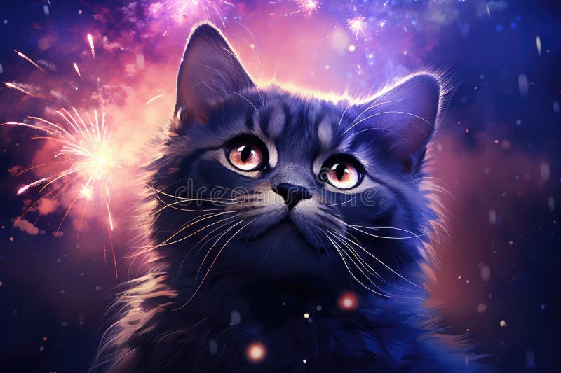 Cat Against the Sky with Fireworks, in Drawing Style Stock Photo ...