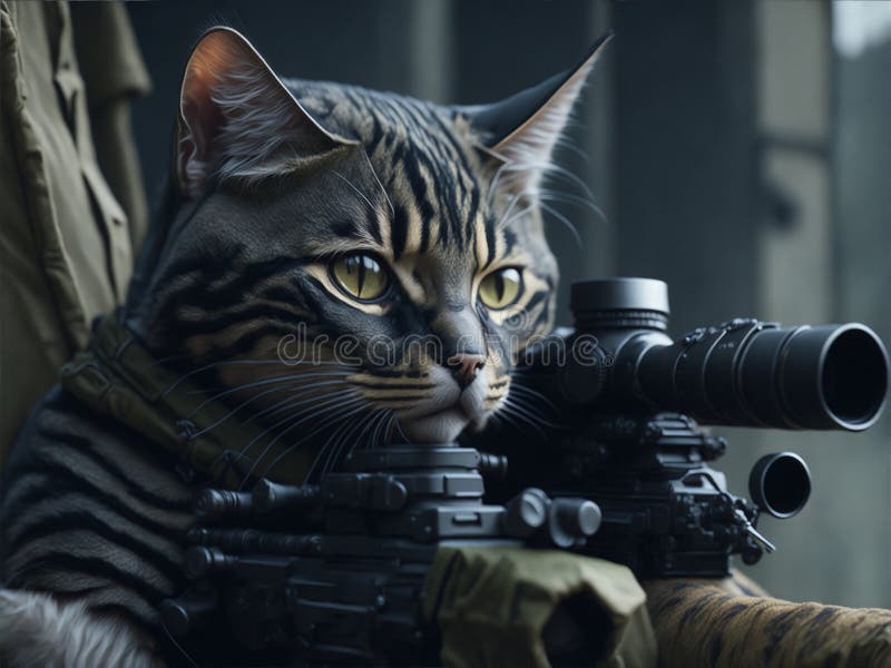 Cat Aims at the Sniper Scope of the Rifle. Stock Illustration ...