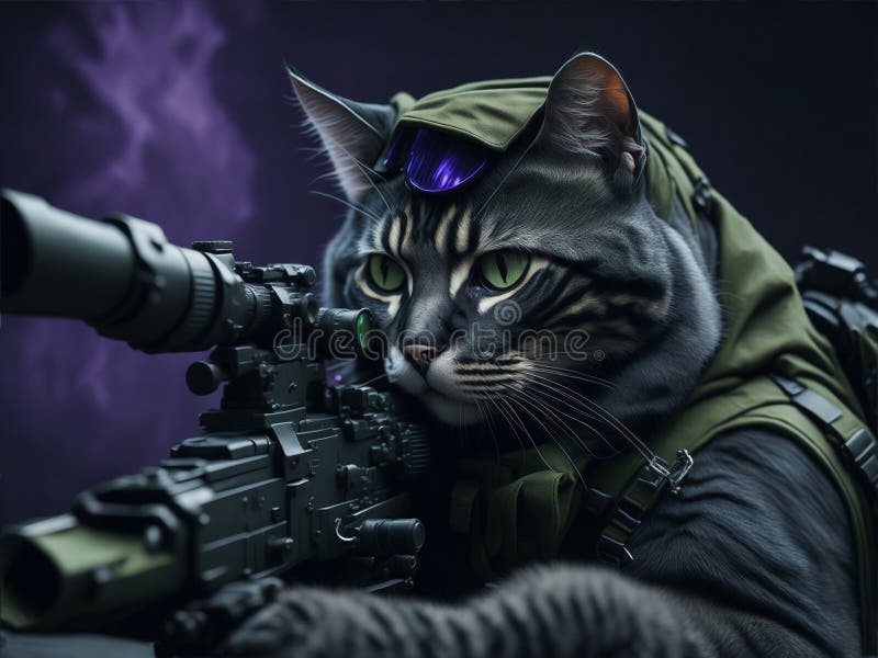 Cat Aims at the Sniper Scope of the Rifle. Stock Illustration ...